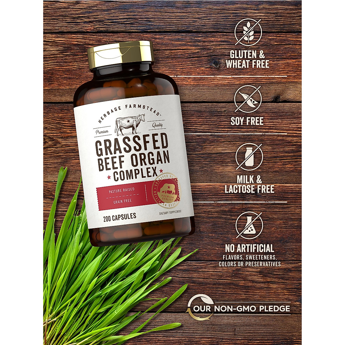 Carlyle Grass Fed Beef Organ Complex | 200 Capsules | Pasture Raised, Grain Free Supplement | with Desiccated Liver, Kidney, Pancreas, Heart, Spleen | Non-GMO, Gluten Free | by Herbage Farmstead