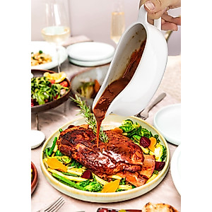 Nucookery Large 17 Oz Gravy Boat and Tray | Ergonomic Handle | White Fine Porcelain Saucier With Big Dripless Lip Spout For Gravy, Warming Sauces, Salad Dressings, Milk | Microwave & Freezer Safe