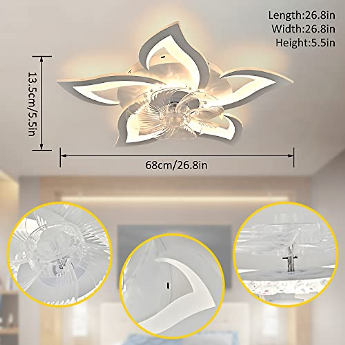Jesskit 26.8" Ceiling Fan with Lights, Chandelier Ceiling Fans with 3 Color Dimmable and 6 Speeds Remote Control, Modern Indoor Flush Mount Ceiling Fans with Lights for Living Room Bedroom Dining Room