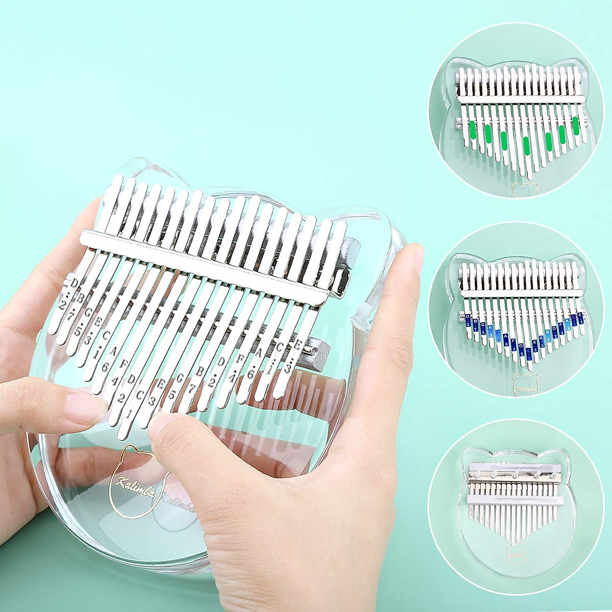 YAEL Kalimba 17 Keys Transparent Acrylic Panda Thumb Piano Note Carved Starter Finger Piano with Kalimba Case Tune Hammer Study Booklet Stickers