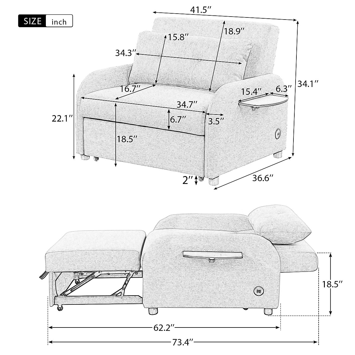 P PURLOVE 3 in 1 Linen Sleeper Sofa Couch Bed, Modern Convertible Sleeper Sofa Bed, Small Sofa Bed with 2 Wing Table Side Pocket and USB Charge for Living Room, Apartment, Beige