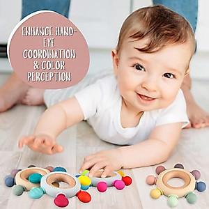 Baby Teething Toys, Silicone Chewable Rings with Organic Wooden, Natural Wooden Ring & Silicone Teething Toys for Newborn, 3+ Months (6 Directions, Khaki)