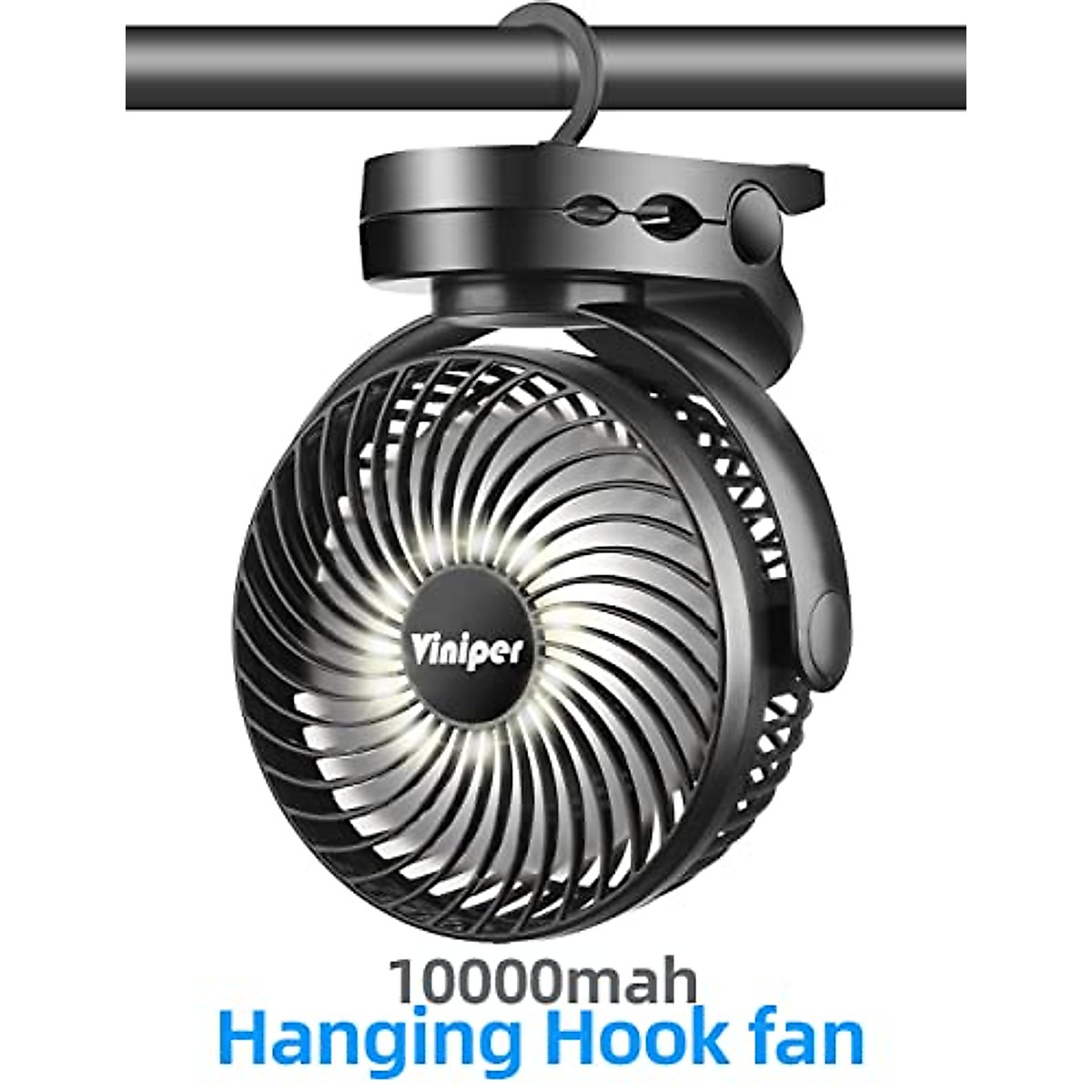 Viniper 6 inch Rechargeable Clip Fan with LED Light, 10000mah Battery Camping Hanging Fan : 360° Rotation, 3 Speeds, Also Use As Power Bank, Tent Personal Fan with Hanging Hook - Black