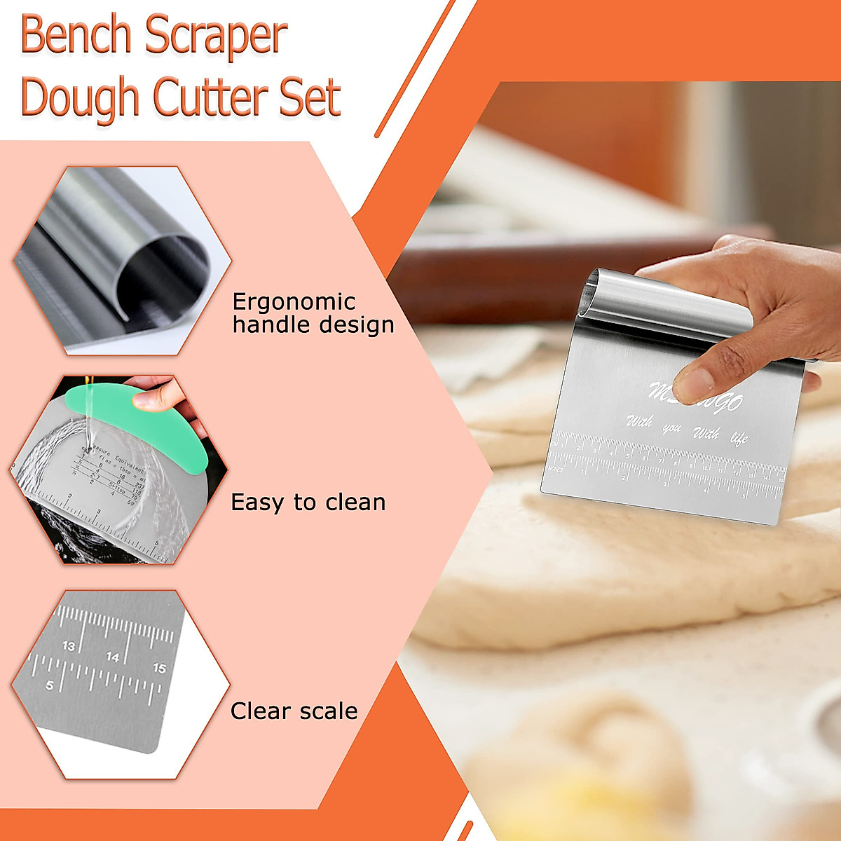 Dough Scraper Cutter Pastry Pizza Cutter Stainless Steel Tool with Scale Ruler, Kitchen Tool for Baking Cookie Dough Vegetable Bread