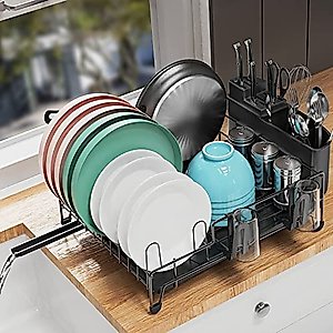 BETHEBEST Small Dish Drying Rack, Black Dish Drying Rack with Drain Tray, Swivel Spout, Cutlery Holder for Kitchen Counter Cabinet(Black)
