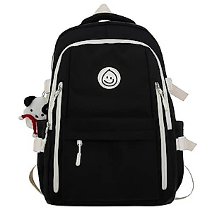 MININAI Preppy Backpack with Cute Pendant Women Smile Face Laptop Backpack Kawaii Lightweight Aesthetic College Backpack (Black,One Size)