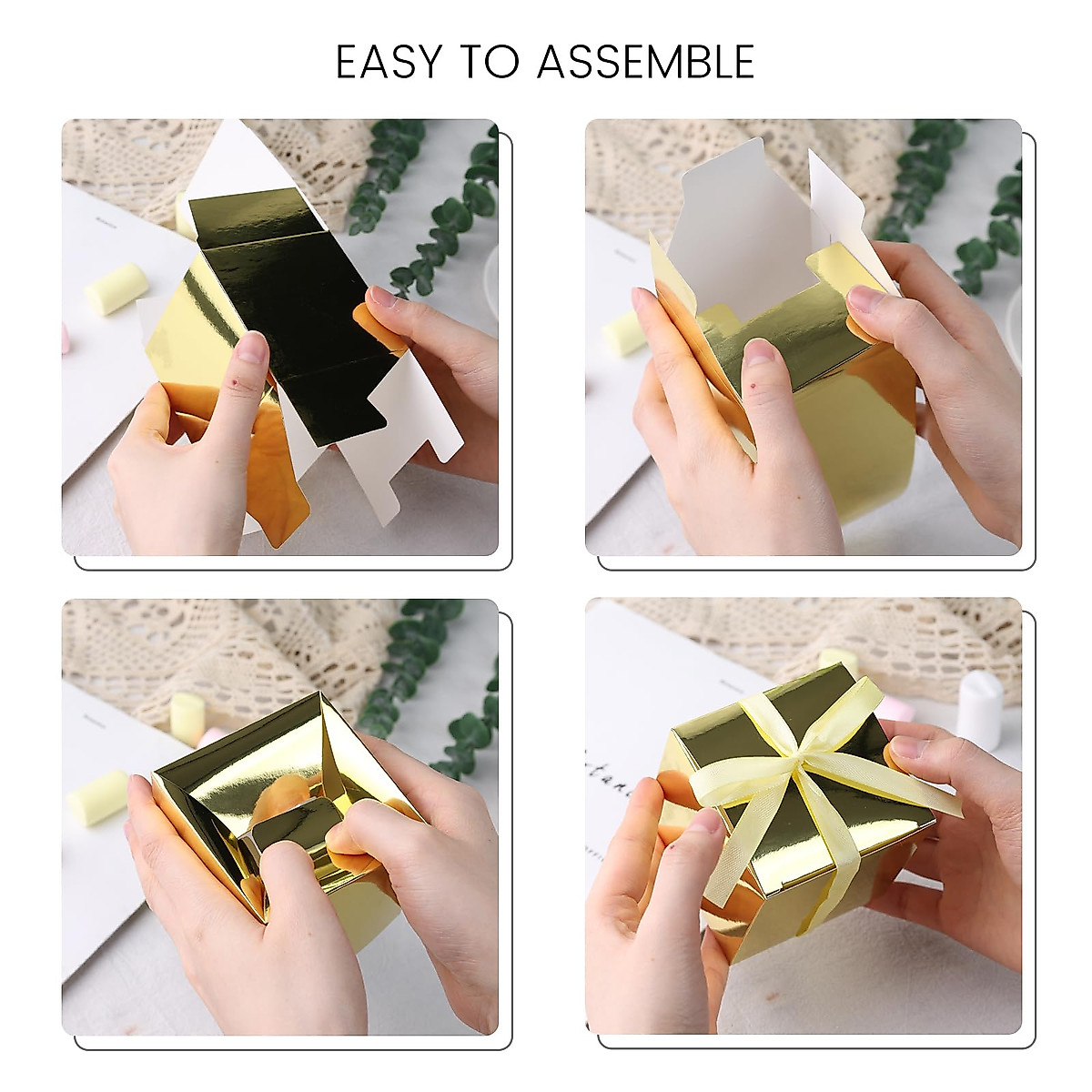 VGOODALL 50PCS Mini Gift Boxes, Candy Treat Boxes Tiny Cardboard Boxes Favor Boxes with Ribbon for Bridal Shower Birthday Party Gold