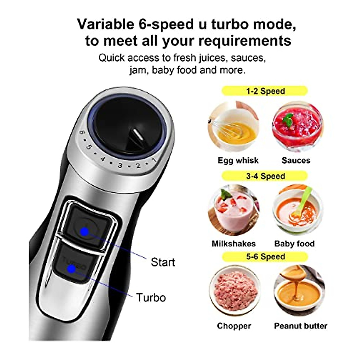 Stainless Steel Hand Blender, 800 Watt Immersion Blender Set, 6 Speeds, 500ml Measuring Cup and 600ml Jug, Whisk