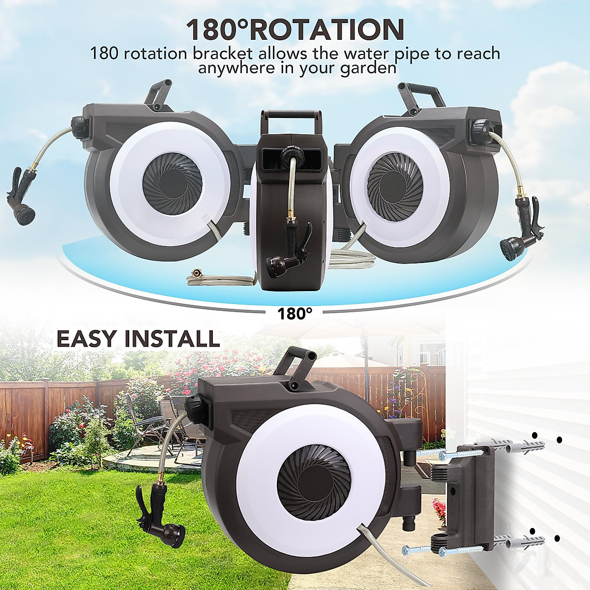 IDEALHOUSE Retractable Garden Hose Reel, 1/2 in x 100 ft Wall-mounted Hose Reel, with 9- Function Sprayer Nozzle, Any Length Lock/180° Swivel Bracket/Automatic Rewind/Slow Return System/Easy Watering