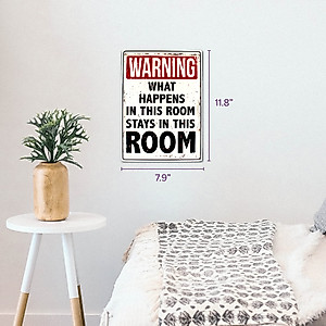 What Happens In This Room Metal Sign - Easy-to-Hang Wall Decor - Fun Tin Signs for Man Cave - Metal Dorm Room Decorations, Garage Signs, and Man Cave Signs