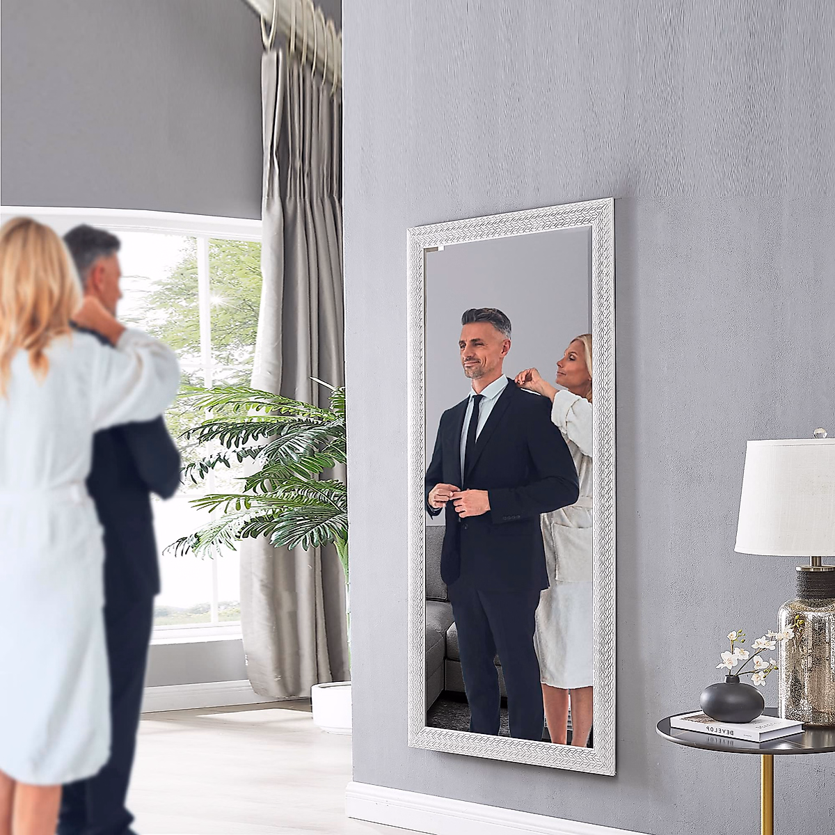 Naomi Home Samantha Woven Floor Mirror Full Length Mirror Standing Large Rectangle Full Body Long Mirrors for Bedroom Dressing Room Silver 66 L x 32 W