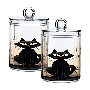 Wassud Cute Black Cat Qtip Holder Dispenser Clear Apothecary Jars with Lids Bathroom Organizers and Storage Canister for Swabs Balls Bathroom Accessories 2 Pack