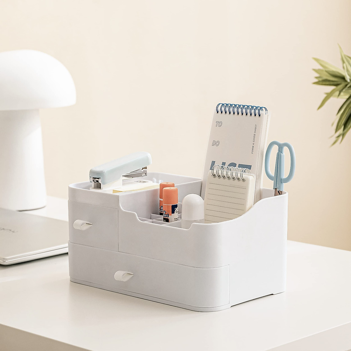 HBlife Plastic Makeup Organizer for Vanity with 2 Drawers Large Skincare Organizers 8 Compartments Bathroom Organizer Cosmetic Storage, White