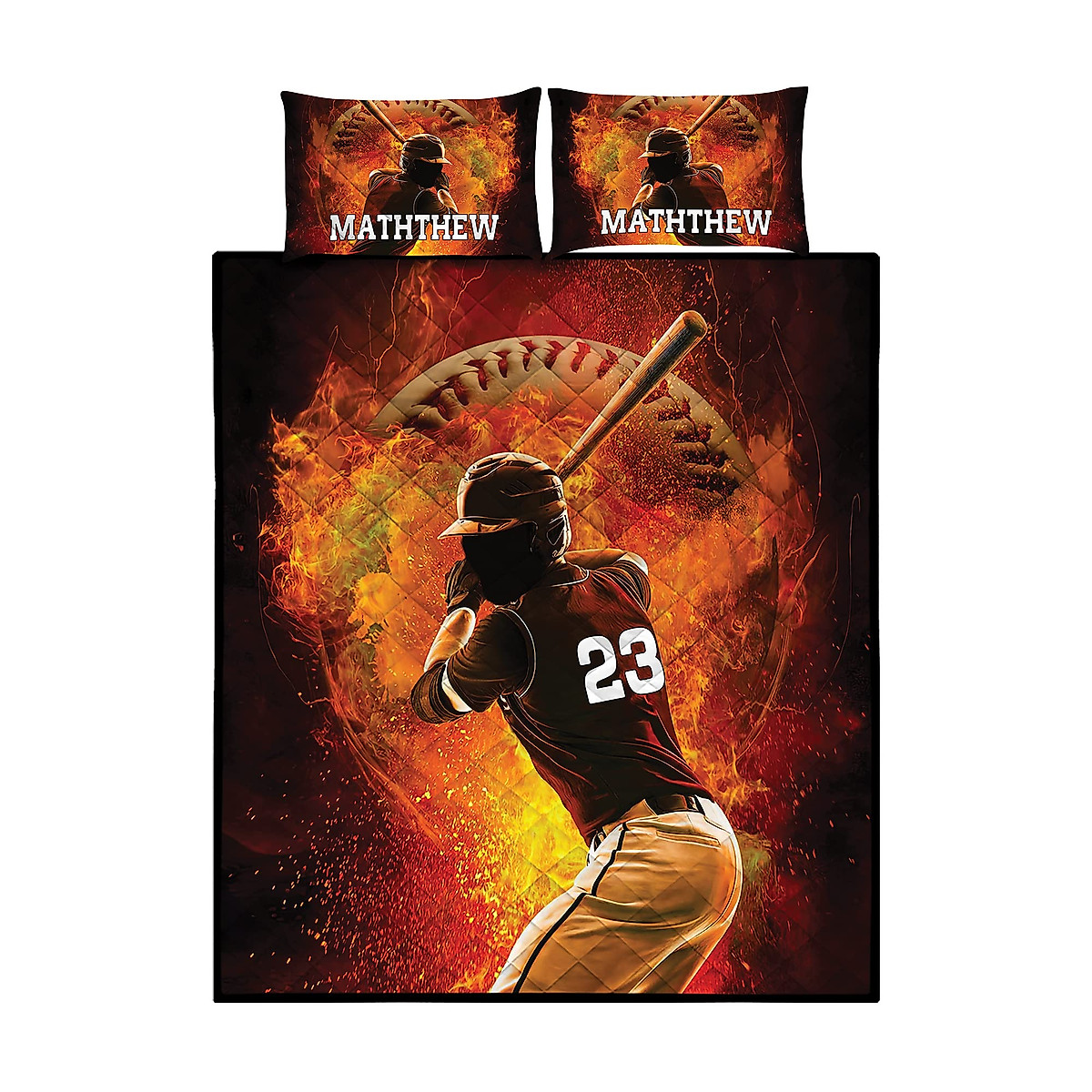 COZZBED Custom Flame Baseballer Quilt Set with Your Name, Baseball Bedding King Queen Twin Throw, Boys Baseball Comforter Set, Super Soft Lightweight All Season Baseball Blanket Bedspreads