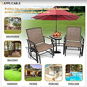 3 in 1 Outdoor Glider Chairs with Table, 1.65" Umbrella Hole Mesh Fabric Patio Loveseat Double Glider Rocker Chair and Center Tempered Glass Table for Garden, Poolside, Balcony