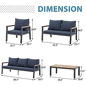 JOIVI Aluminum Patio Furniture Set, 5 Pieces Outdoor Conversation Set with Teak Wood Top Coffee Table, Sectional Sofa Set with Wood Armrest and Cushions for Outside Poolside, Lawn, Backyard, Navy Blue