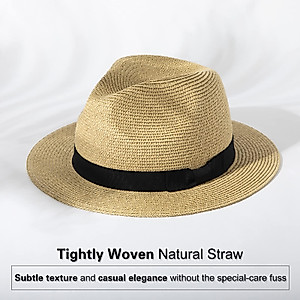 Comhats Men Sun Straw Fedora Hat for Women,Packable Beach Hat Wide Brim Panama Hat UV UPF 50+ Summer Hat Unisex Beige Large XXL