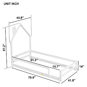 Maotifeys Twin Size Wood Floor Bed Frame with House-Shaped Headboard and Fence, Twin Size Platform Bed Frame Floor Bed for Kids, Low to Ground Height, No Box Spring Needed (White)
