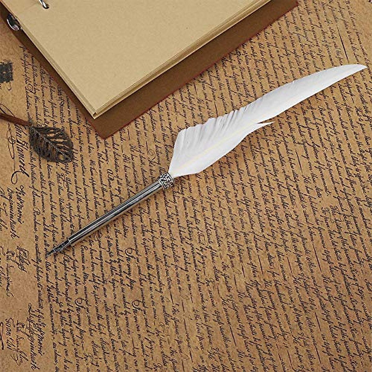 Sanpyl Quill Pen Set, Retro Quill Feather Pen Set with Leather Notebook Antique Calligraphy Writing Quill Pen Set Stationery Gift Box. (White)