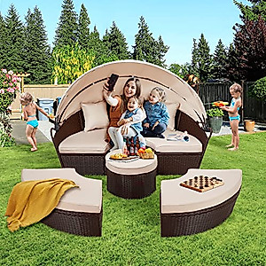 AECOJOY Outdoor Daybed with Canopy, Patio Daybed with Washable Cushions and 3 Extra Pillows, Rattan Wicker Separated Seating Sectional Sofa for Patio Lawn Garden Backyard Porch Pool