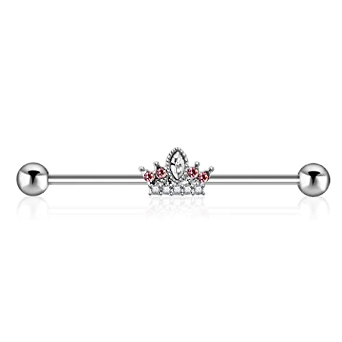 Pierced Republic 14G Industrial Stainless Steel Barbell with Crown of Pink & Clear Gems - 14 Gauge Cartilage Industrial Ear silver
