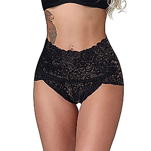 Kinple Women's High-Waist Undies Briefs Sexy Floral Lace Panty See Through Erotic Brief Teen Girls Cheeky Hipster Panties Black