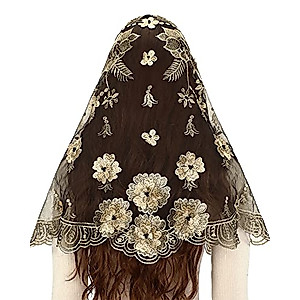 Bozidol Catholic Chapel Mantilla Veil Spanish Lace Head Covering Church Mass Veil for Religious Christian (Black-Gold)