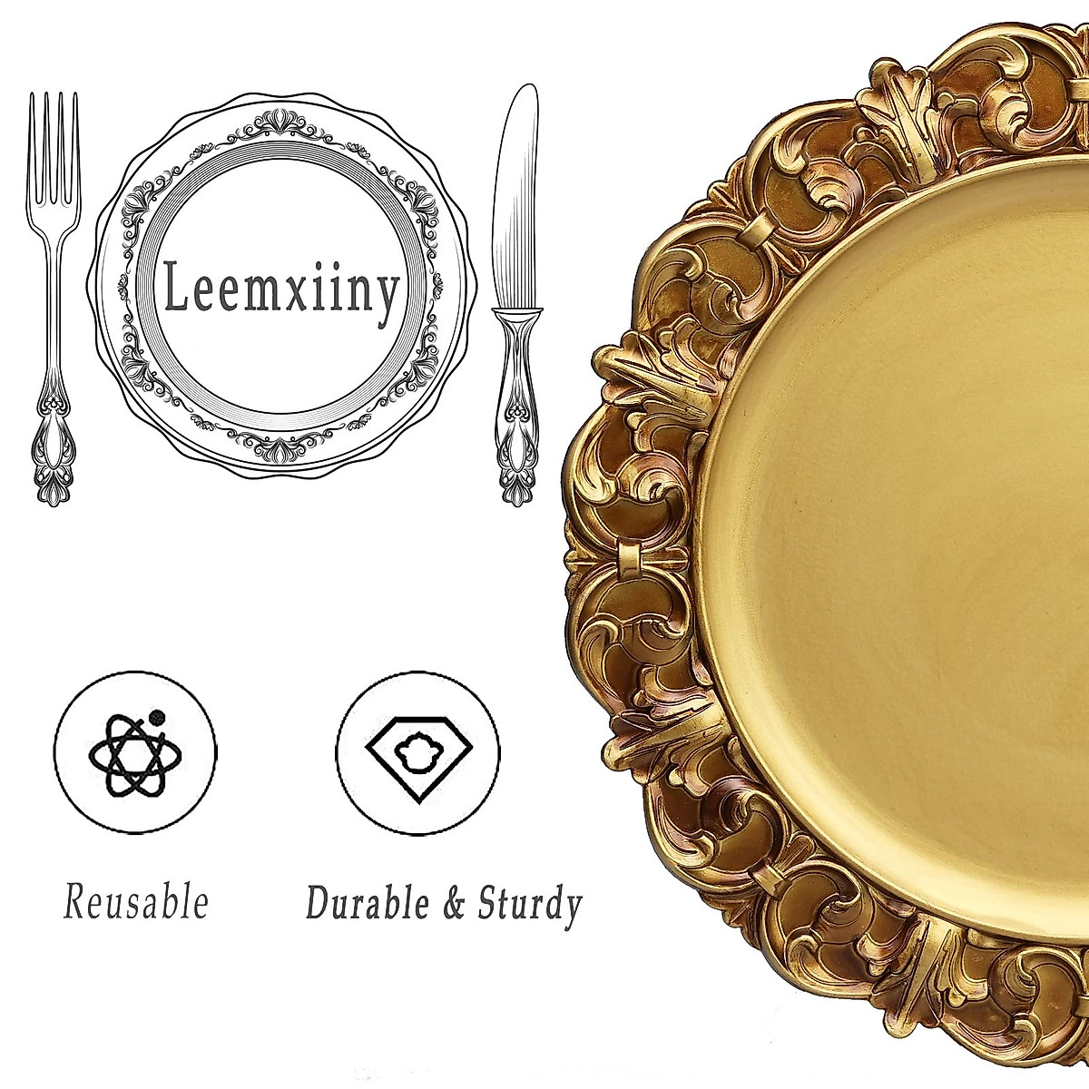 Leemxiiny Antique White Charger Plates with Gold Scalloped Rim Set of 6, Plate Chargers for Dinner Plates Bulk Wedding, Table Decoration, Party