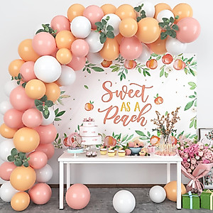 Vansolinne Sweet As A Peach Backdrop And Balloons Garland for Baby Shower one sweet peach Birthday Party Decorations Photography Background Little Peach Birthday Parties Cake Smash Photo Shoot