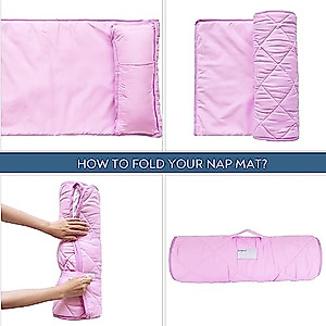Toddler Nap Mat with Pillow & Removable Blanket, Kids Nap Mat for Toddler Boys Girls, Super Soft and Cozy, Nap Mat for Daycare, Preschool,Kindergarten, Kids Sleeping Bag, Purple, 21” x 50”