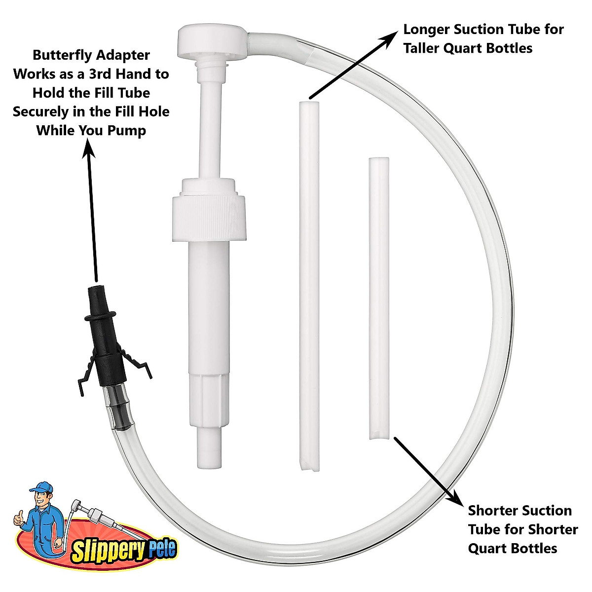 Slippery Pete - Fluid Pump for Standard Quart Bottles - 8cc per Pump Stroke and 3rd Hand Adapter, Transfer Gear Oil, Transmission and Differential Fluid (28mm)