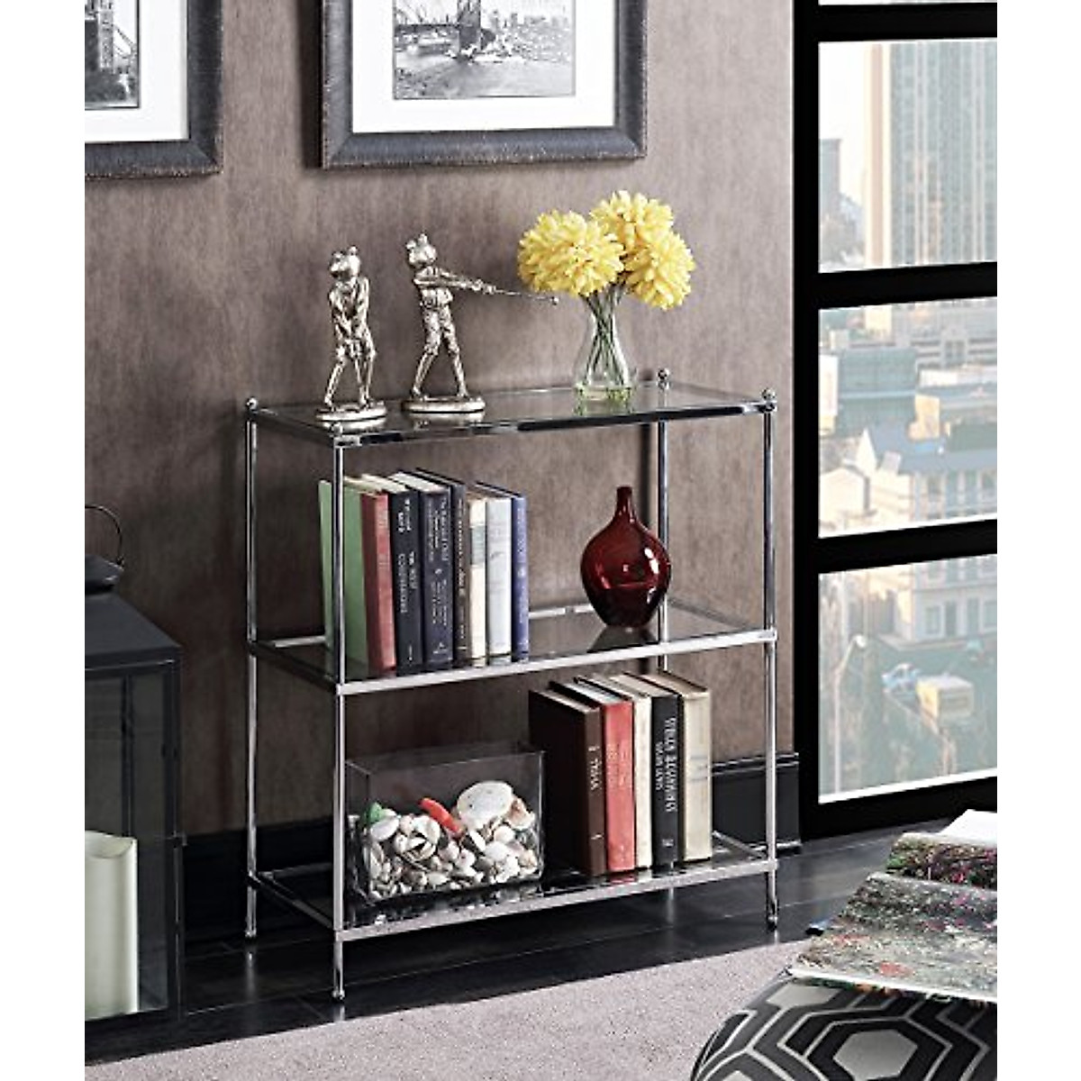 Convenience Concepts Royal Crest 3 Tier Bookcase, Chrome / Glass