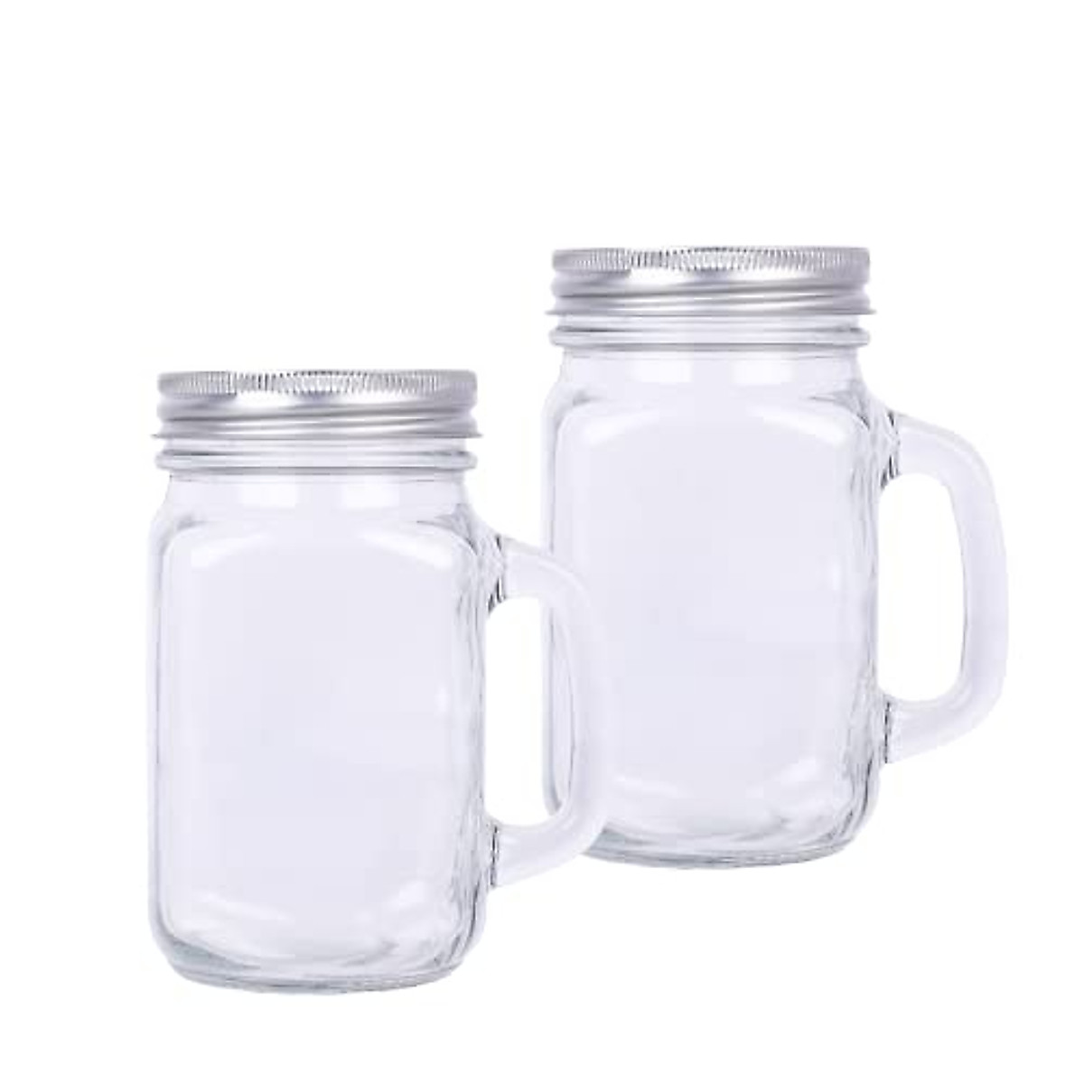 Mason Jar Drinking Glasses with Handles & Silver Lid - Set of 2