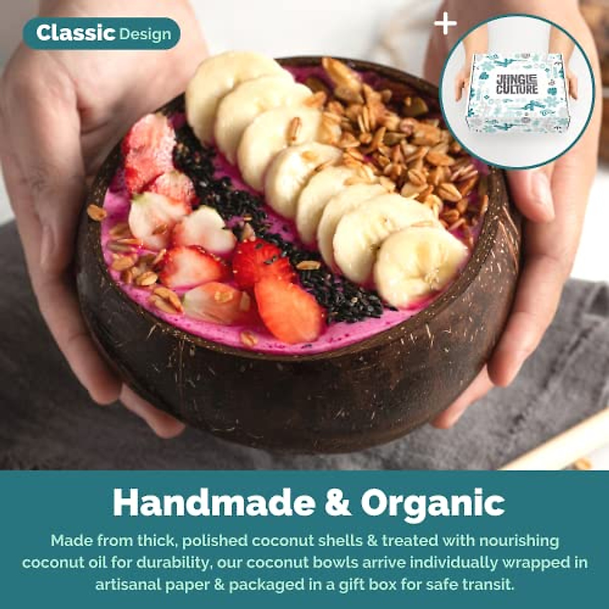 Jungle Culture 2 Polished Coconut Bowl and Wooden Spoons Set • Natural Coconut Bowls & Bamboo Straws • Smoothie Bowls • Coconut Shell Acai Bowls Healthy Choice Buddha Bowls • Eco Friendly Vegan Gifts