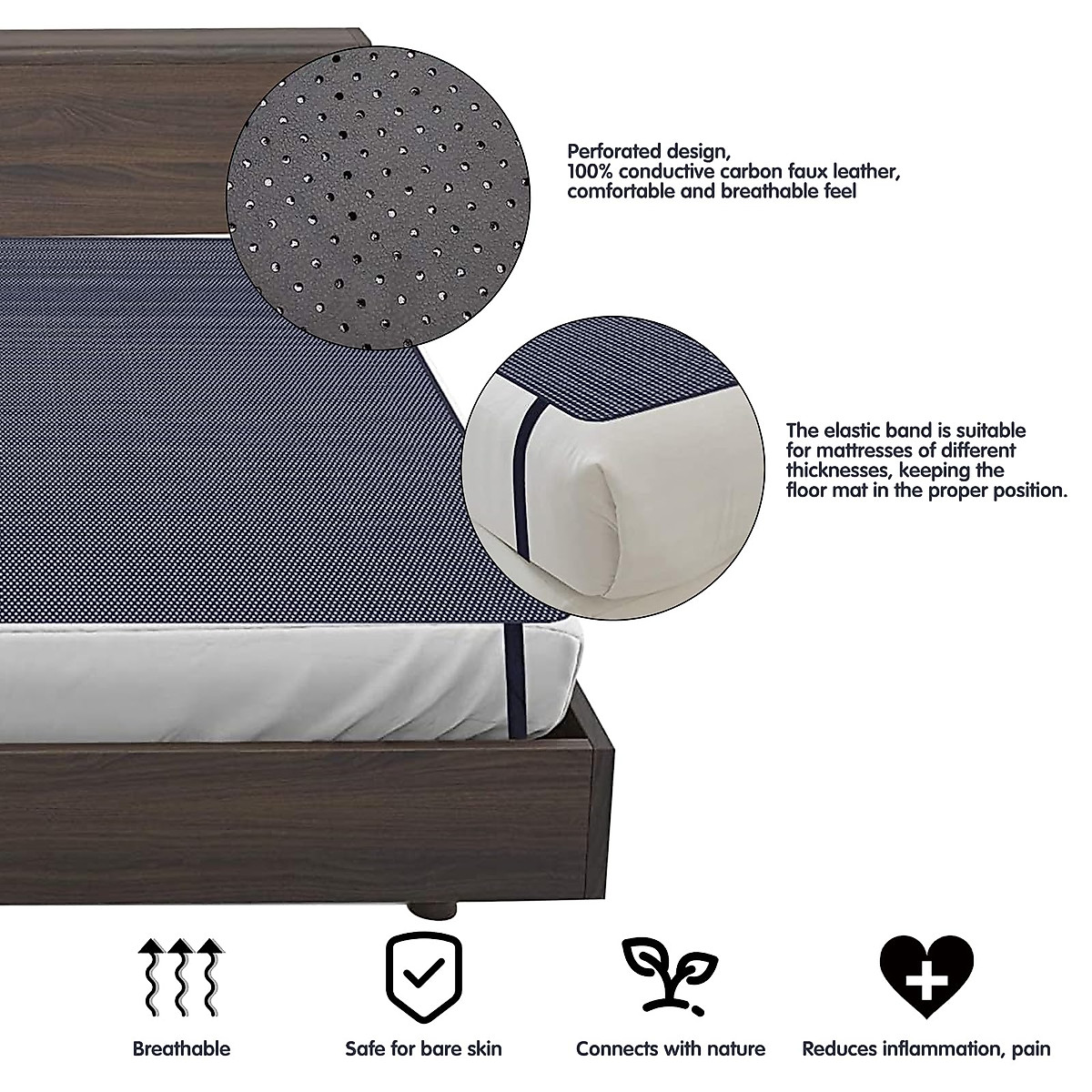 WAUZOBLE Grounding Mat for Bed, Grounding Mattress Pad for Sleeping, Conductive Carbon Leatherette Grounding Mattress Cover with Elastic Straps for Efficient Sleep, Relieve Pain and Stress（27x72）