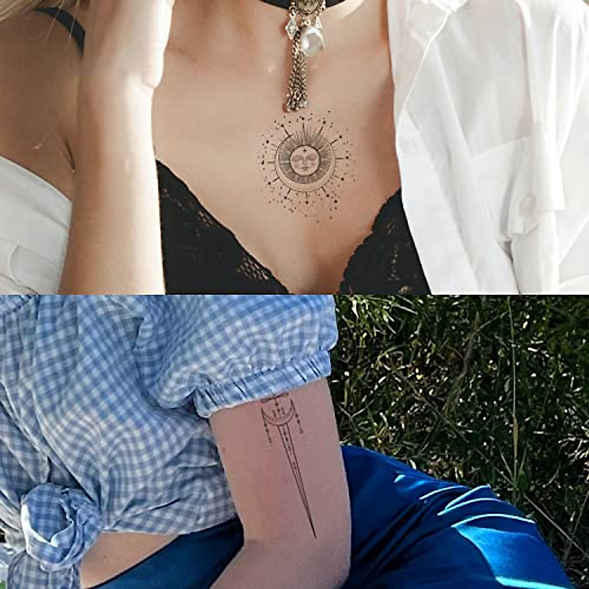 Esland Realistic Moon Sun Stars Space Planets Chain Temporary Tattoos Vertical Spine Tattoo Stickers for Women Men