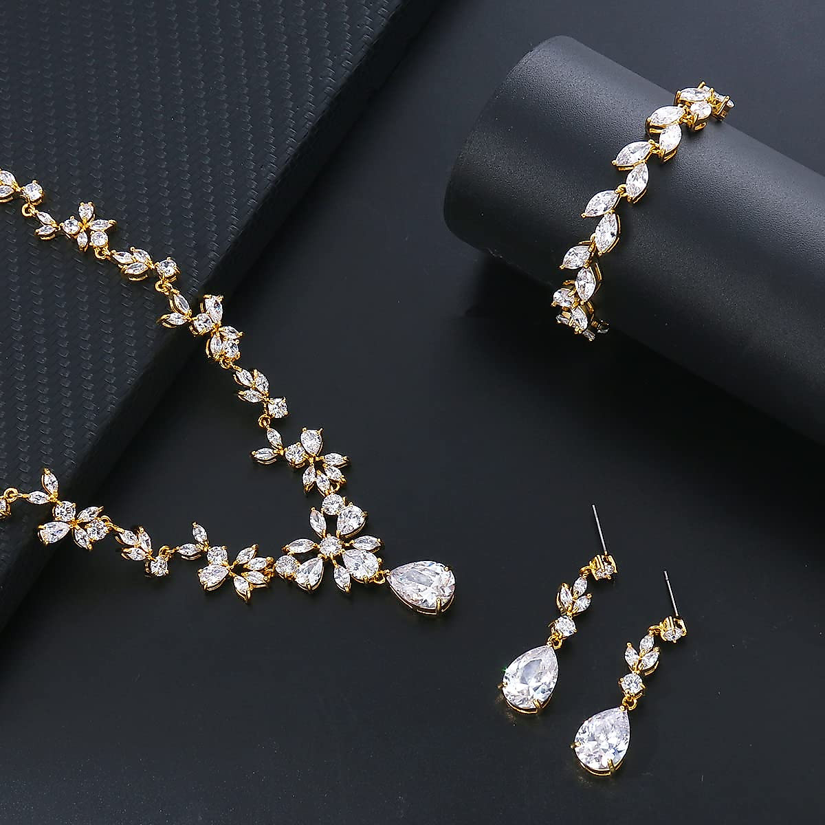 MEEDOZ Gold Plated Necklace Dangle Earring Bracelet Set with Marquise Pear-Shaped Teardrop Cubic Zirconia for Women (Gold)