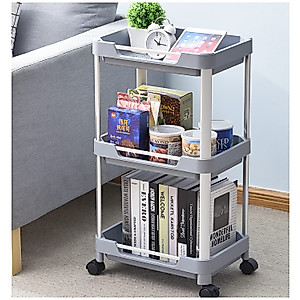 KINGRACK 3 Tier Utility Rolling Cart, Serving Rolling Cart with Control Handle, Mobile Utility Storage Cart for Bathroom Kitchen Laundry Room Office,Grey