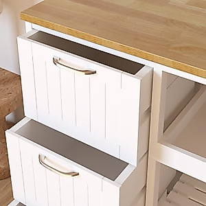 NSdirect Kitchen Island Cart,Industrial Kitchen Bar&Serving Cart Rolling on Wheels Utility Storage Trolley with 3-Tier Wine Rack Shelves&Three Storage Drawers,Soild Rubber Wood Top,White