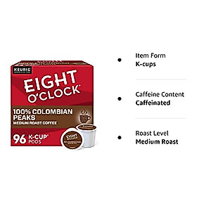 Eight O'Clock Coffee Colombian Peaks Single-Serve Keurig K-Cup Pods, Medium Roast Coffee Pods, 96 Count