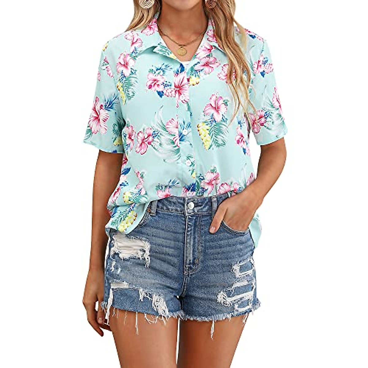 ZXZY Women Summer Hawaii Shirts Soft Cool Floral Tropic Print Short Sleeve Button Up Tops T-Shirt Light Green