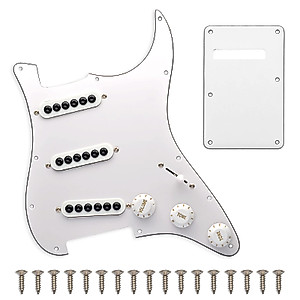 SAPHUE Prewired ST Pickguard SSS 3 Single Coil Pickups Adjustable Big Screws Loaded Electric Guitar Pickguard for Fender Strandard Straocaster Guitar Parts (White)