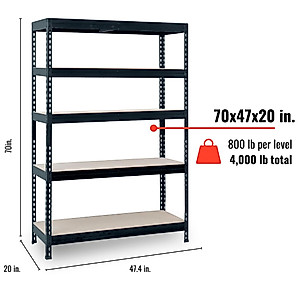 AR Shelving Heavy-Duty Garage Shelving, 5-Shelf Unit, 800-Lb. Capacity Per Shelf, 48in.W x 20in.D x 70in.H, Model# TR18S504KGGED9TG00