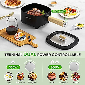Audecook Electric Hot Pot with Steamer 2L, Cermic Glaze Non-Stick Frying Pan 8 Inch, Portable Travel Cooker for Ramen/Steak/Fried Rice/Oatmeal/Soup, with Dual Power Control (Silicone Spatula Included)