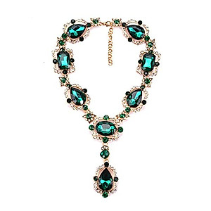 Secret for Longevity Extra Large Victorian Art Deco Antique Retro Vintage Style Gold Tone Dark Green Hunter Emerald Rhinestone Chunky Statement Wedding Bridal Prom Drag Queen Pageant Necklace