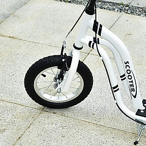 Aosom Youth Scooter Front and Rear Caliper Dual Brakes 12-Inch Inflatable Front Wheel Ride On Toy for Age 5+, White