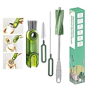 Water Bottle Cleaner Brush Set, Meritpick 3 in 1 Multipurpose Bottle Gap Cleaner Brush & Long Handle Silicone Bottle Brush & Straw Cleaner Brush for All Water Bottle, Baby Bottles (Green)