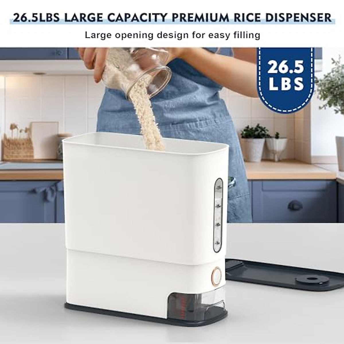 JOJOZOO 26.5 Lbs Rice Dispenser, Large Cereal Grain Storage Container with Measuring Cup & Time Scale, BPA-Free Household Rice Container, for Home Kitchen Pantry Organization