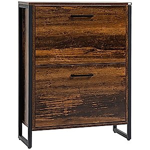 HOMCOM Shoe Cabinet with 2 Flip Doors, Slim 2-Drawer Shoe Cupboard with Divider and Open Compartment for 12 Pairs of Shoes, Entryway Storage Unit, Rustic Brown