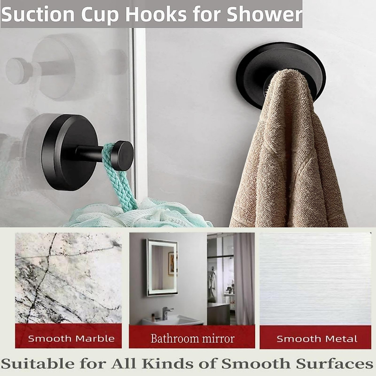 4 PCS Suction Cup Hooks for Shower Wall, Luxegrip No Drill Hook, Removable Reusable Stainless Steel Towel Hooks, Shower Hooks for inside shower, Kitchen, Glass Door, Window, Mirror, smooth tile
